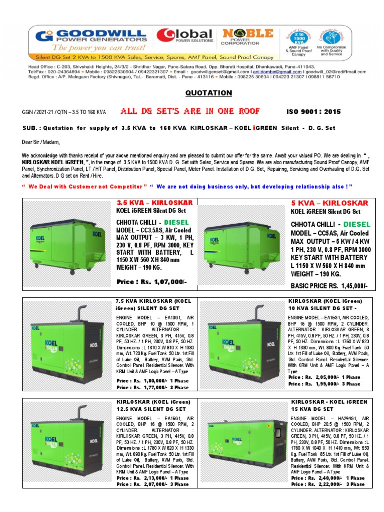 All DG Set's Are in One Roof: Quotation | PDF | Engines | Coolant