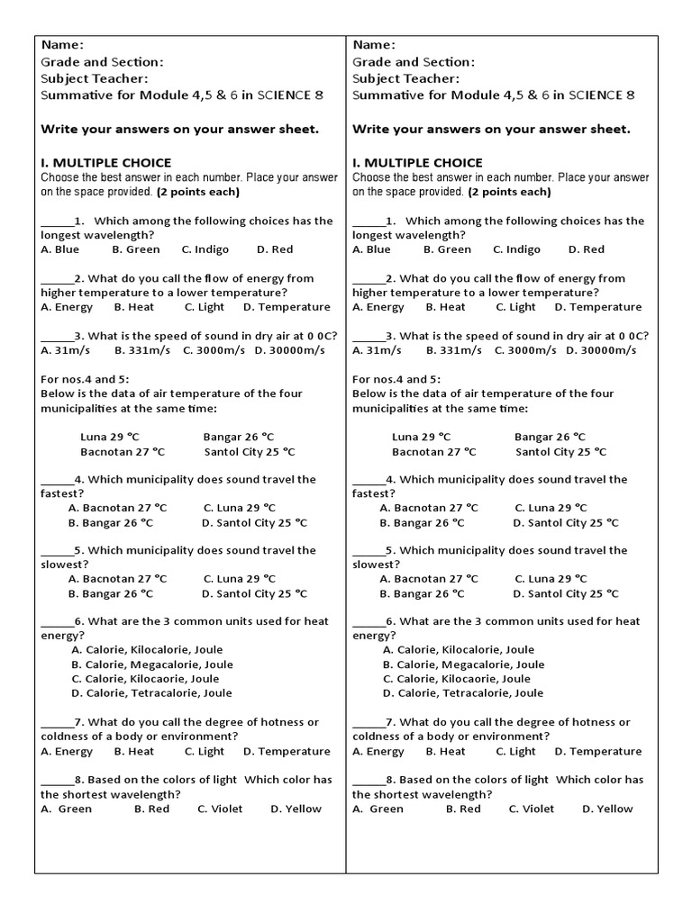 Write Your Answers On Your Answer Sheet. I. Multiple Choice Write Your ...