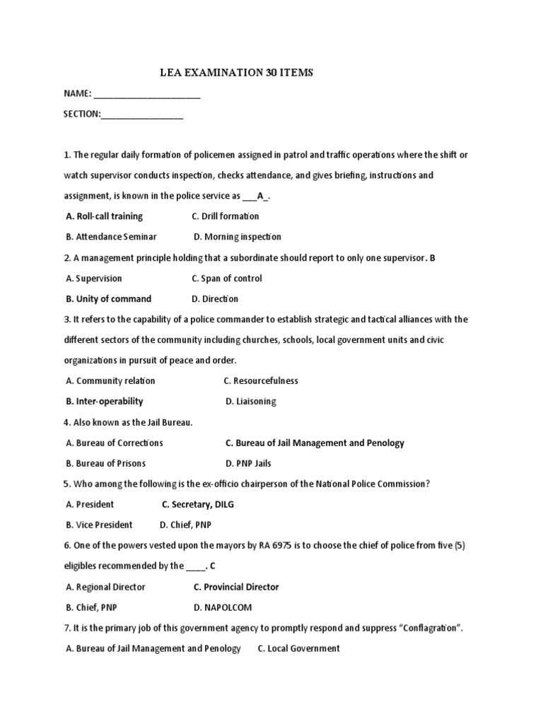 Lea Examination 30 Items | PDF | Police | National Security