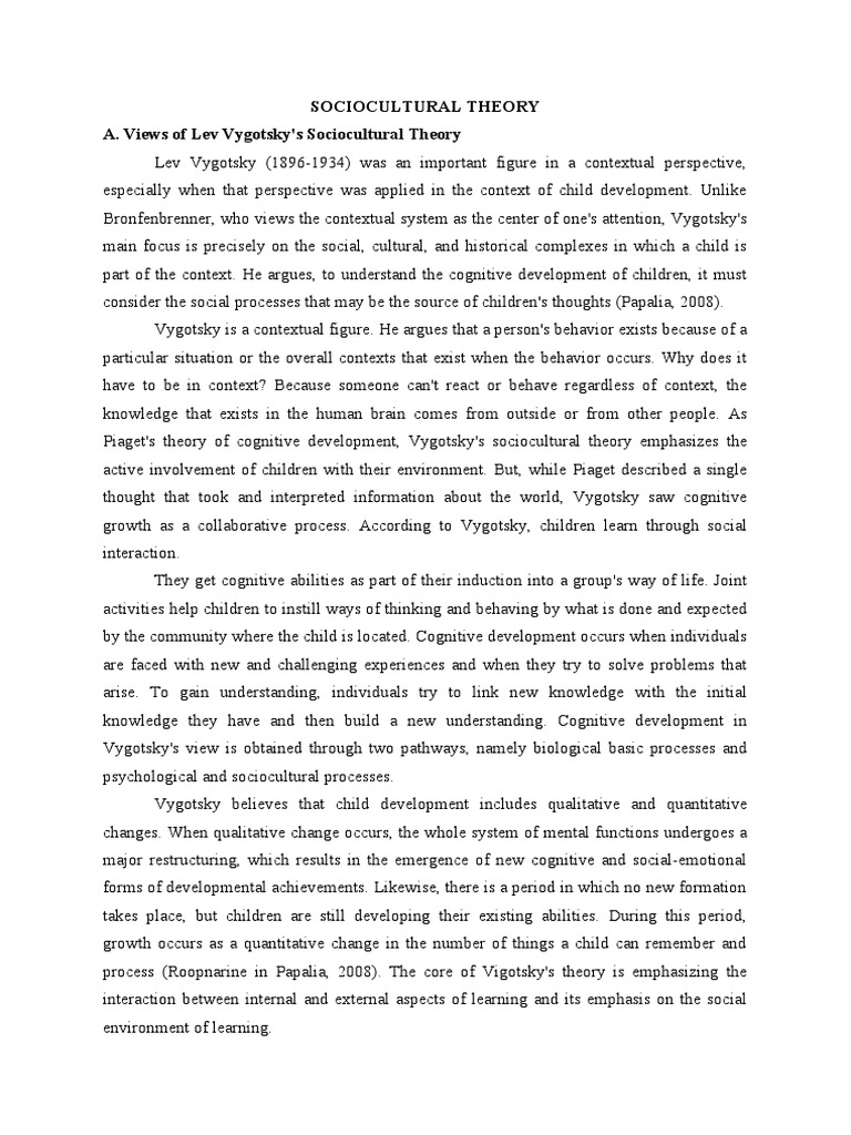 Sociocultural Theory A. Views of Lev Vygotsky's Sociocultural Theory ...