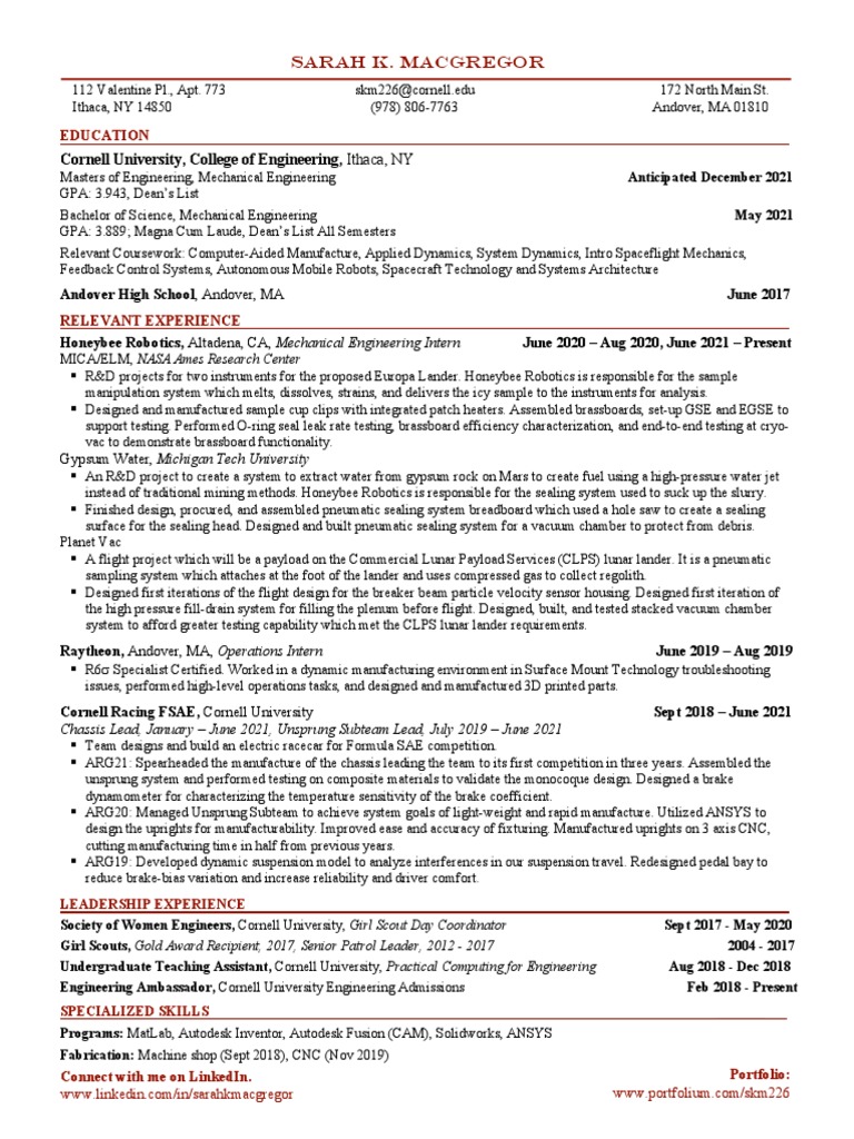Sarah Macgregor Resume Aug2021 | PDF | Engineering | Spaceflight