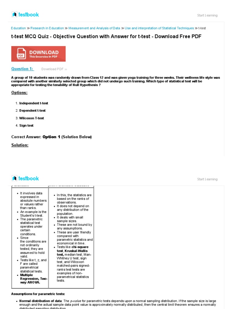 T Test Mcq Free Pdf Objective Question Answer For T Test Quiz