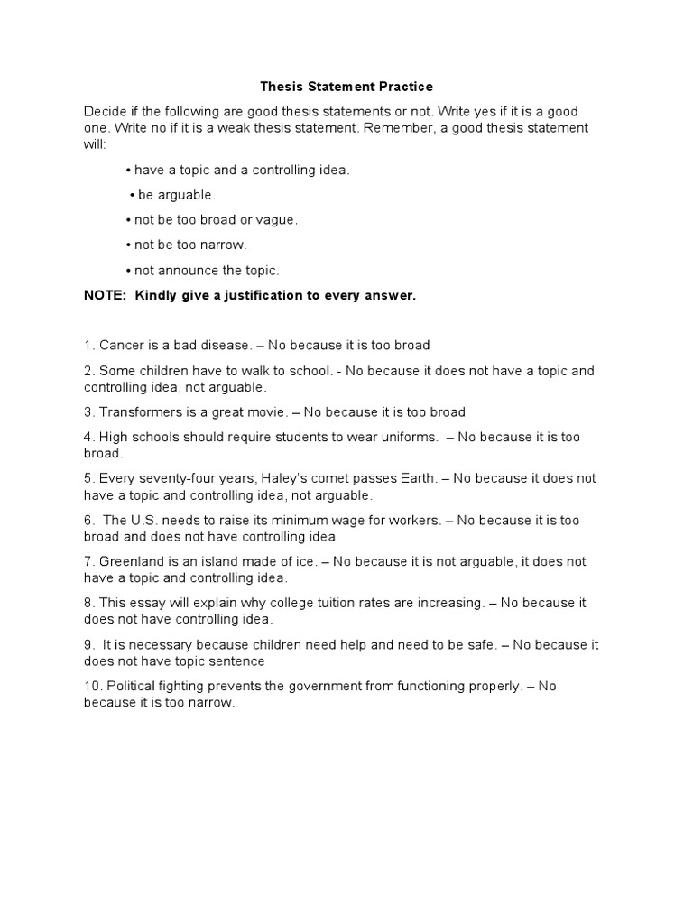 Thesis Statement Evaluation Guide | PDF