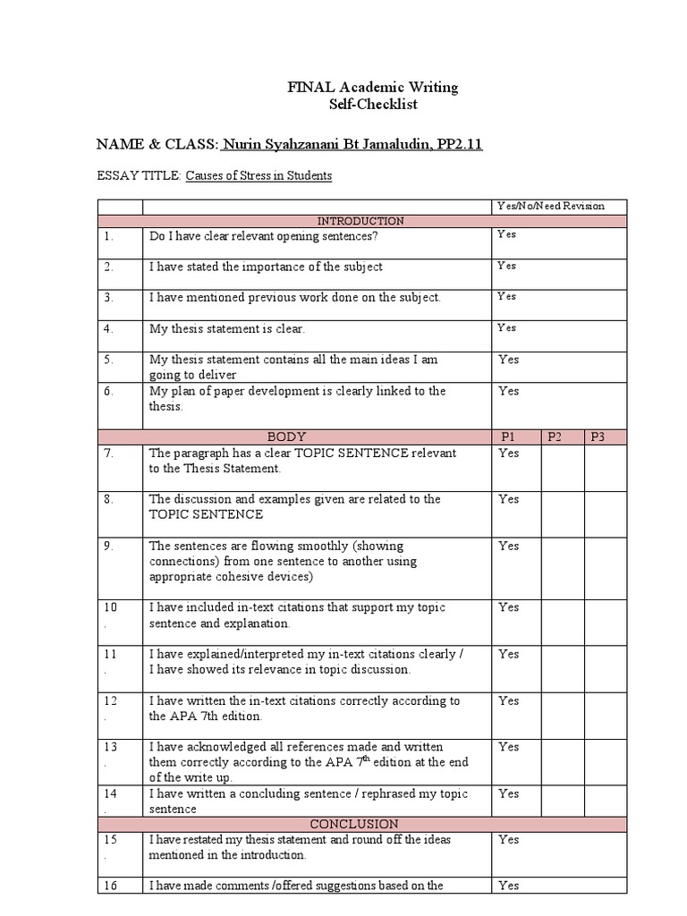 FINAL Academic Writing Self-Checklist NAME & CLASS: Nurin Syahzanani BT ...