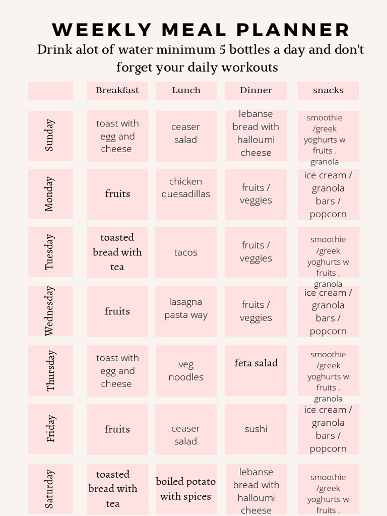 Weekly Meal Planner: Drink Alot of Water Minimum 5 Bottles A Day and ...