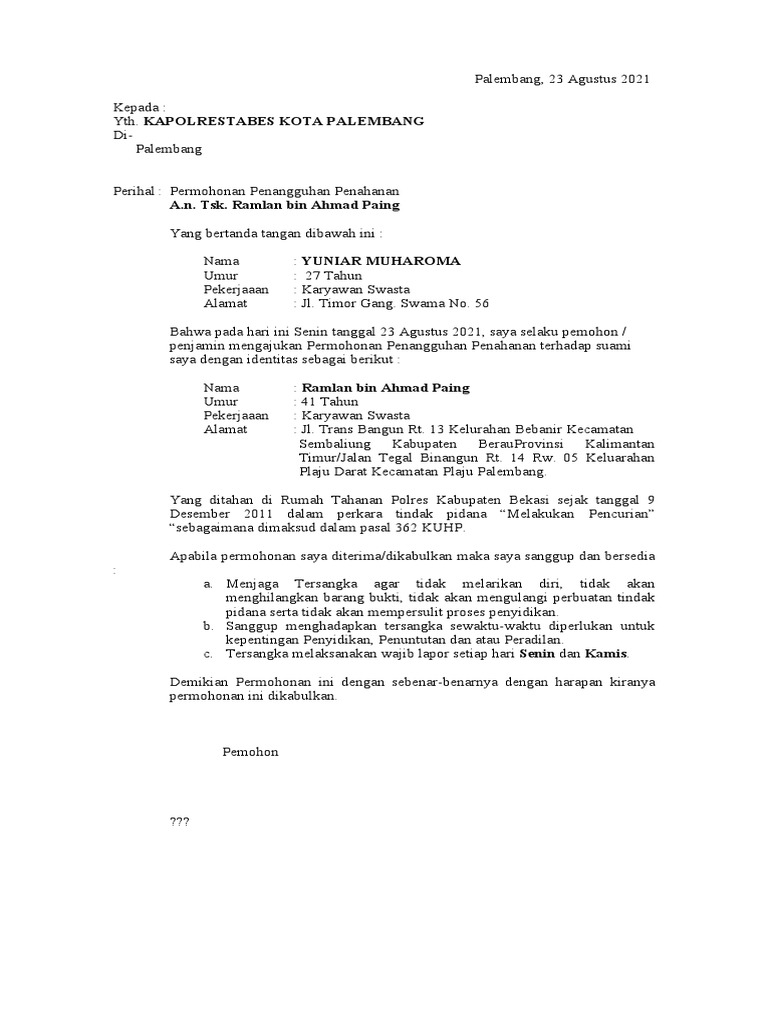 Contoh Surat Permohonan Penangguhan Penahanan | PDF