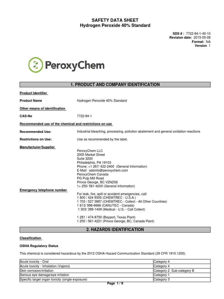 Safety Data Sheet Hydrogen Peroxide 40% Standard: 1. Product and ...