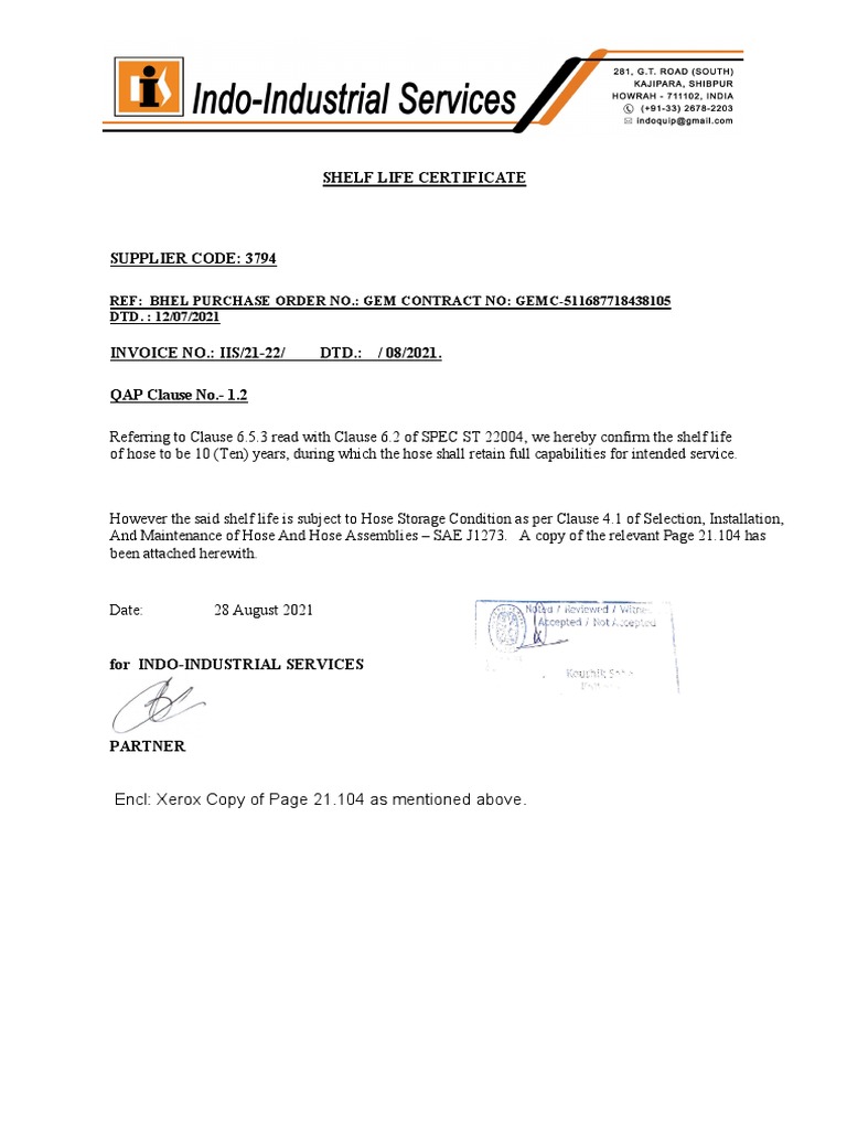 Shelf Life Certificate | PDF