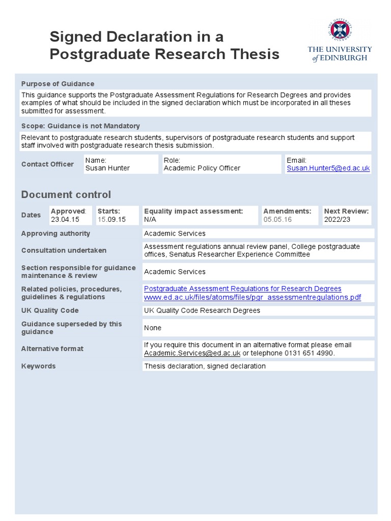 Signed Declaration in A Postgraduate Research Thesis: Document Control ...