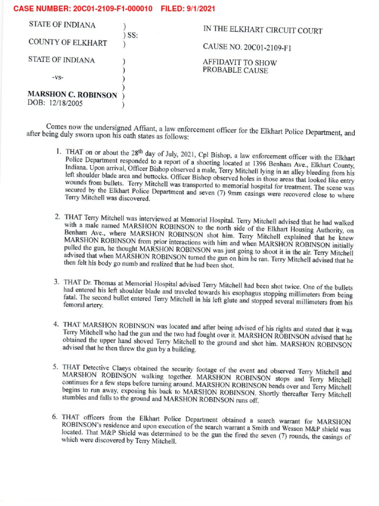 Robinson Probable Cause Affidavit | PDF | Criminal Justice | Crime & Violence