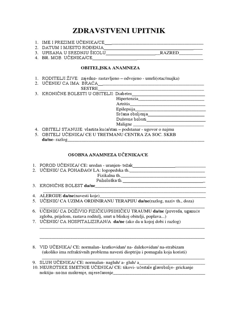 Zdravstveni Upitnik | PDF