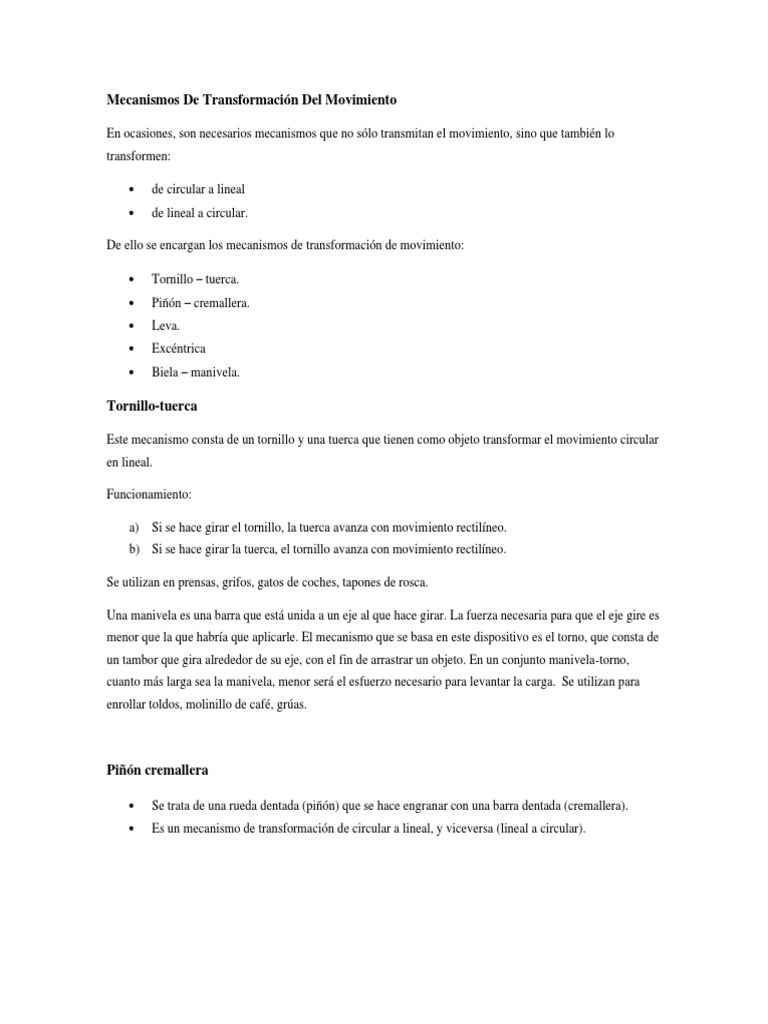 Mecanismos De Transformación Del Movimiento Pdf Eje Bienes