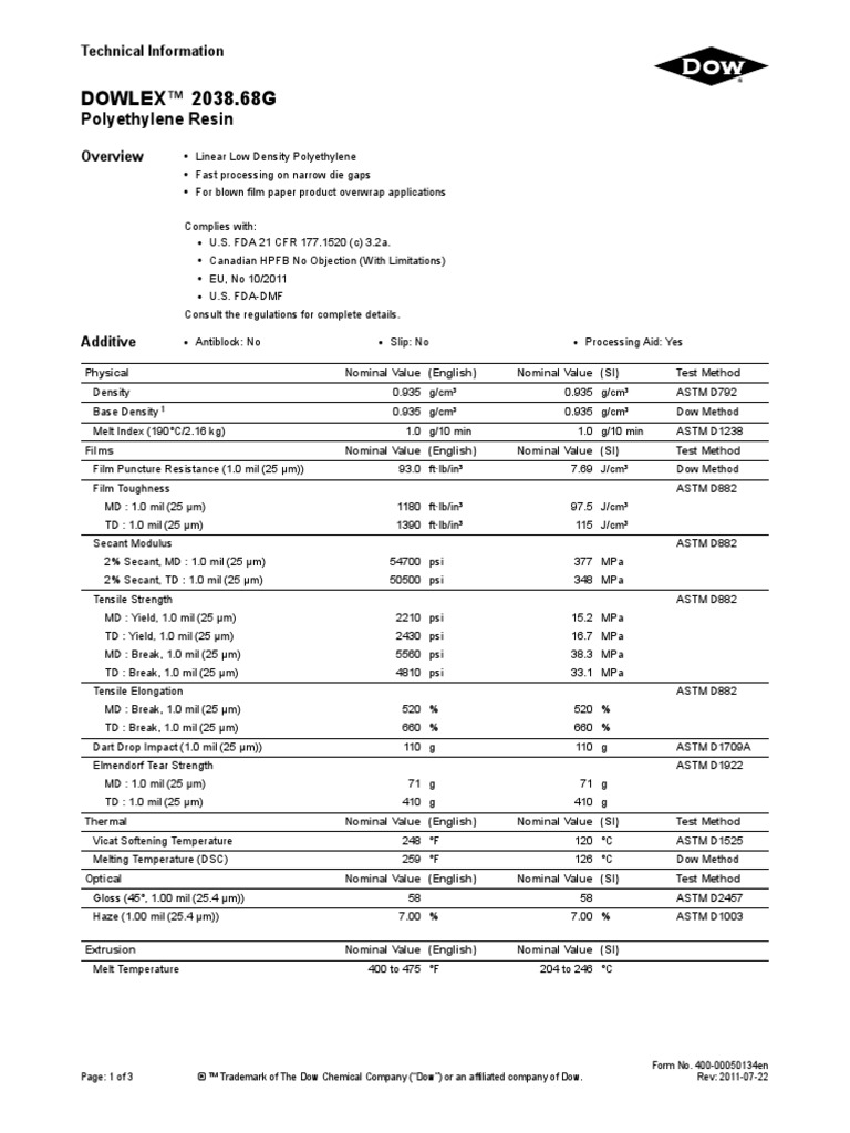 DOWLEX™ 2038.68G: Polyethylene Resin | PDF | Medical Device | Dow ...