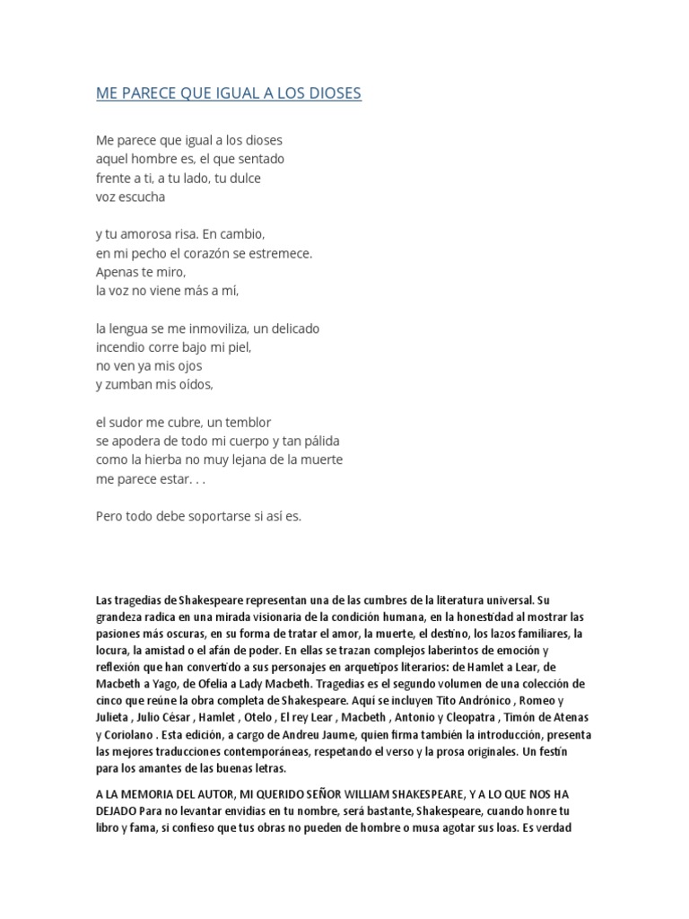 Poema "Me parece igual a los dioses" | PDF | William Shakespeare | Aldea