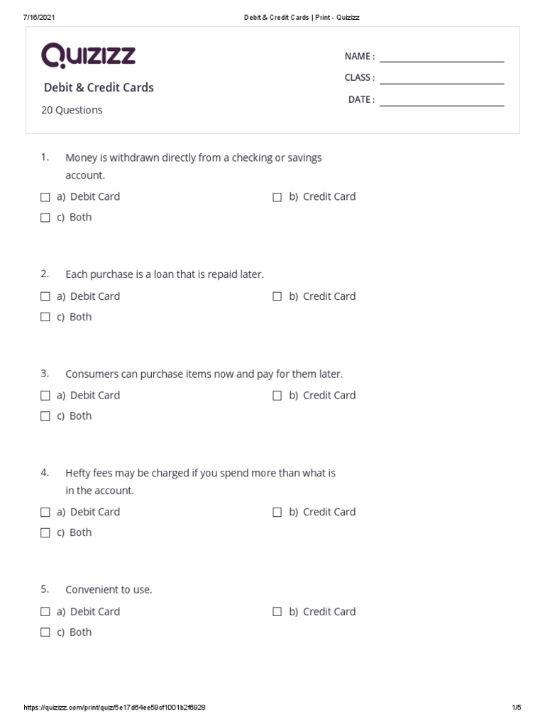 Debit and Credit Cards Quiz | PDF | Credit Card | Debit Card