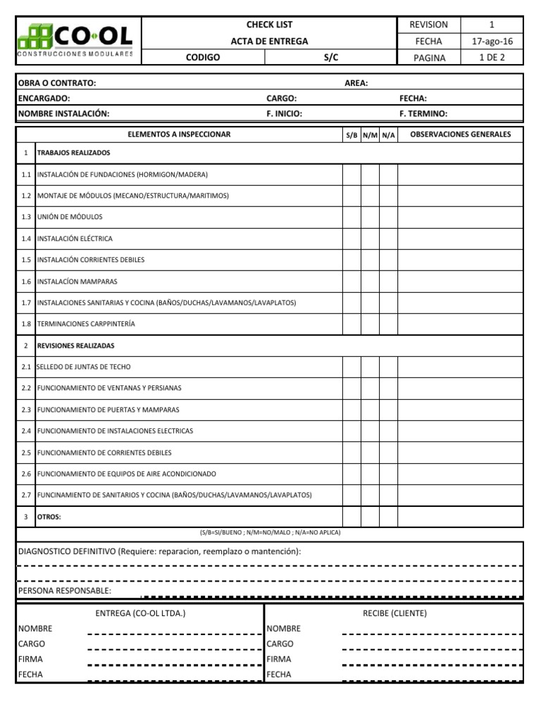 Check List Acta de Entrega | PDF | Estilos de carrocería