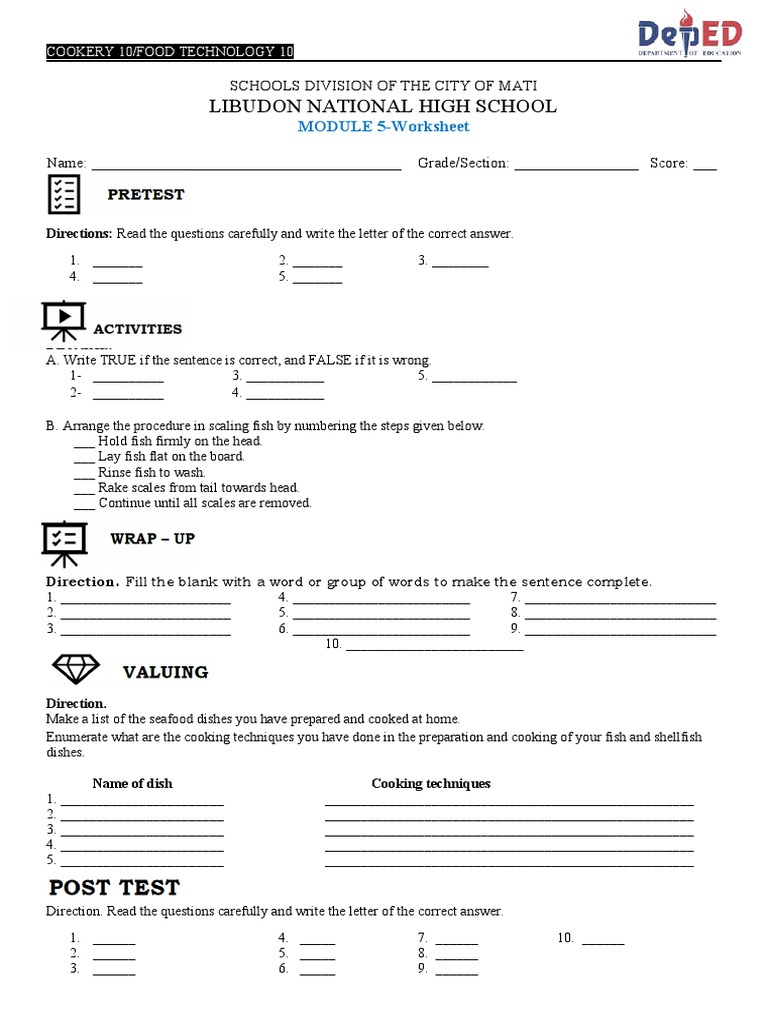 COOKERY 10 Module 5 Worksheet | PDF | Cooking | Foods