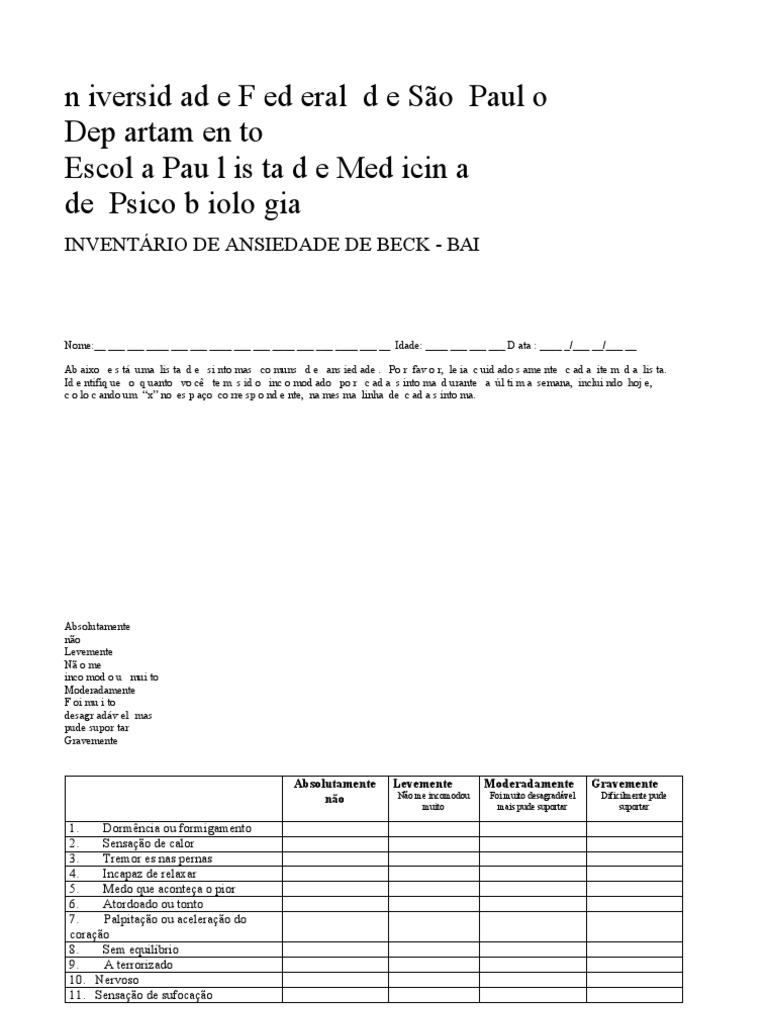 Escala BECK de Ansiedade BAI | PDF