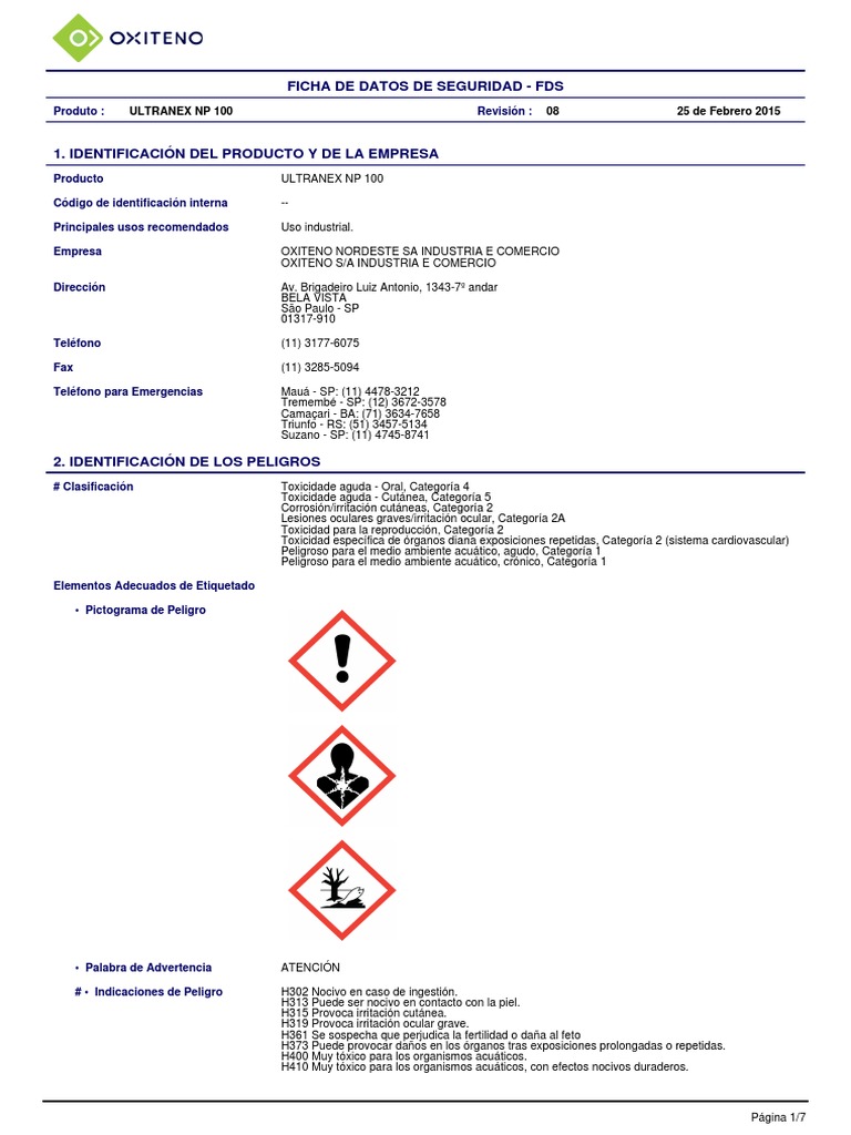 Nonil Fenol 10 Moles - Oxiteno - 25-02-2015 - FDS | PDF | Agua | Combustión