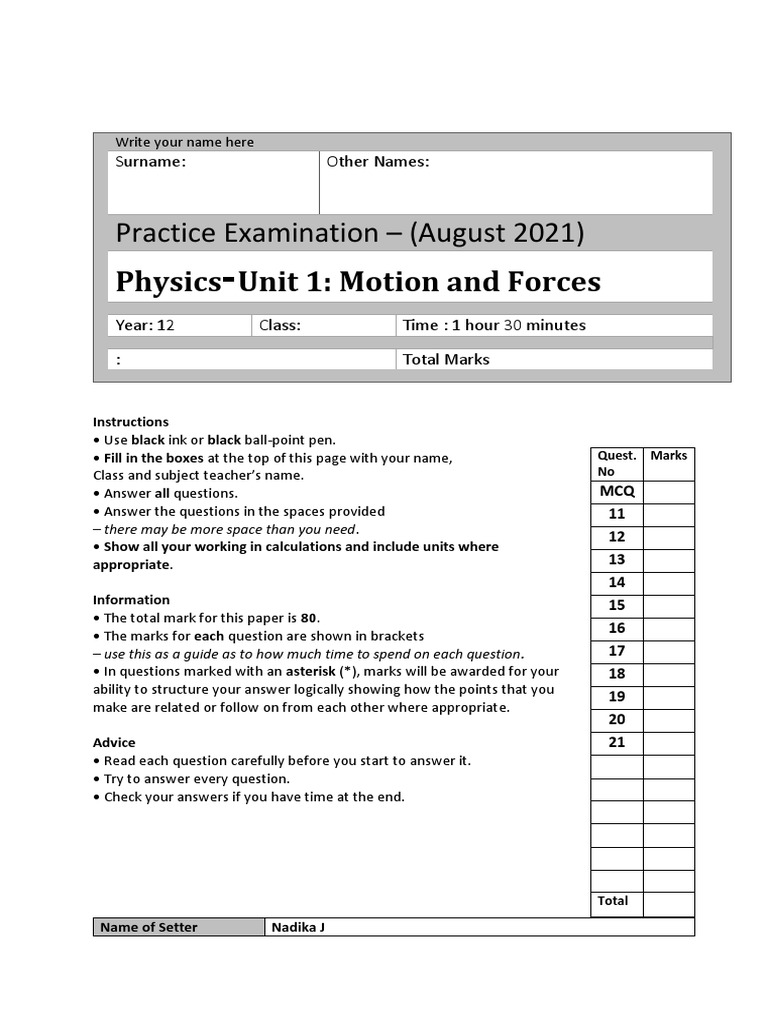 Physics Practice Exam: Motion & Forces | PDF | Force | Acceleration