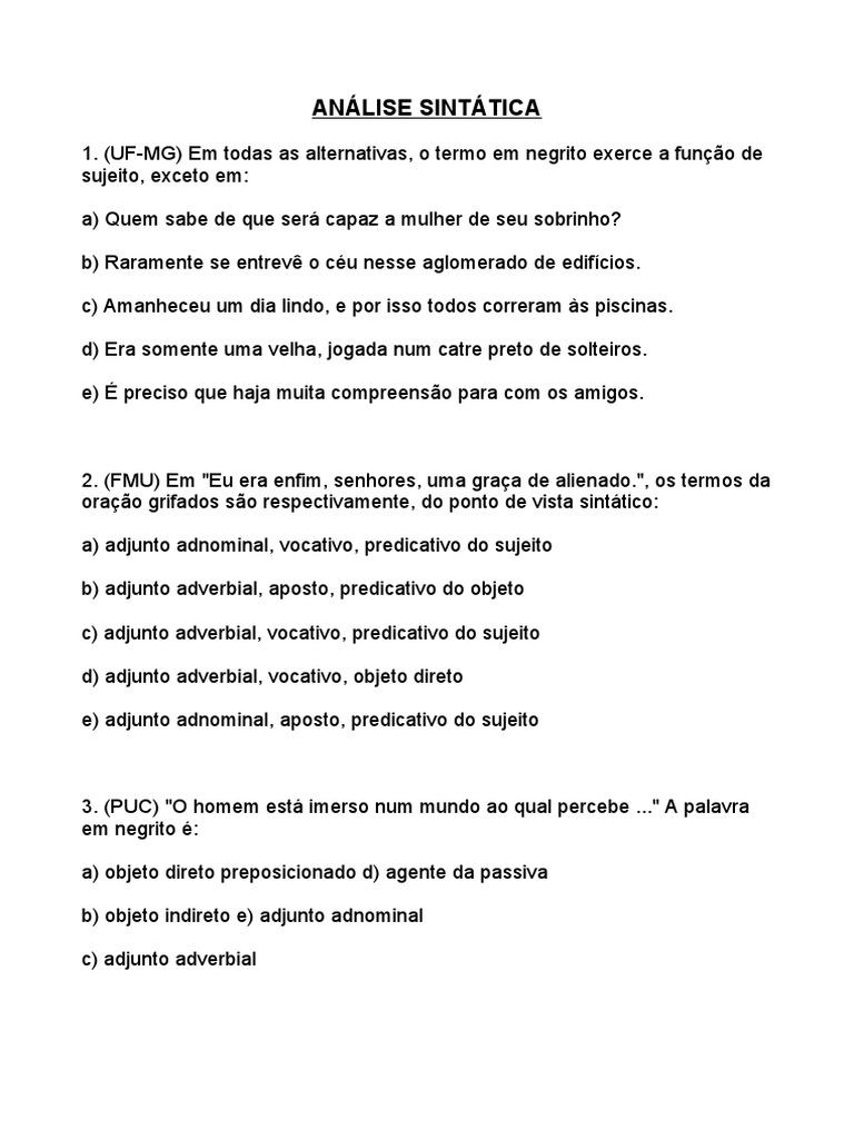 Análise sintática: funções e classificação de orações | PDF | Assunto ...