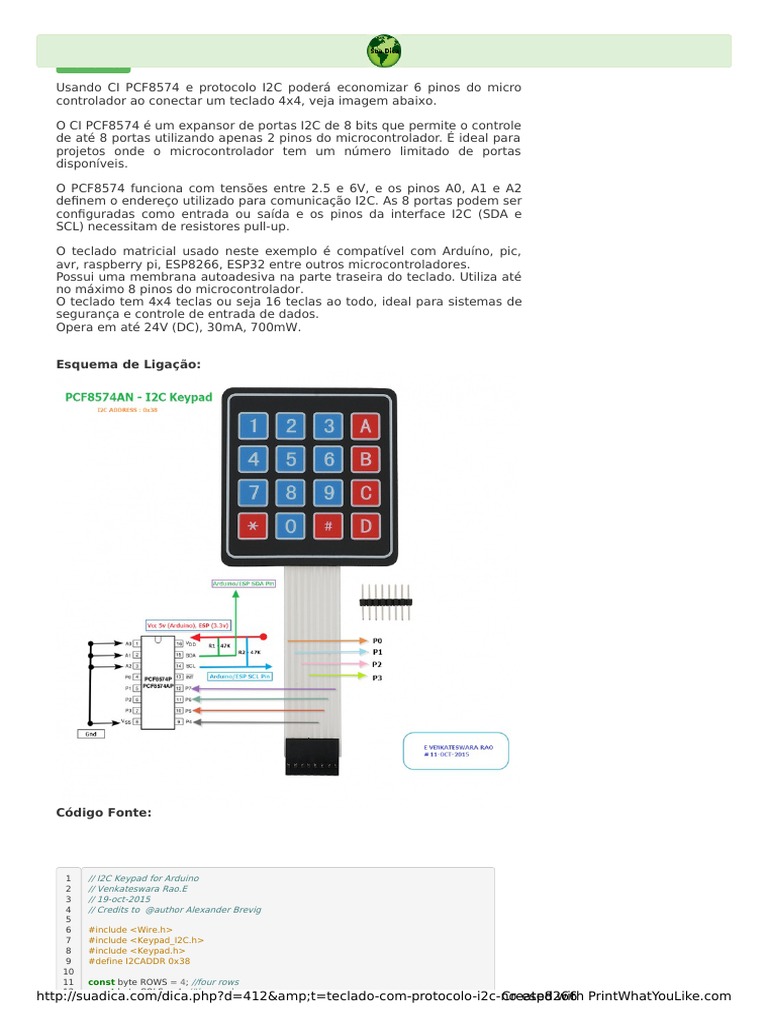 Teclado I2C no ESP8266 com PCF8574 | PDF | Arduino | Telecomunicações