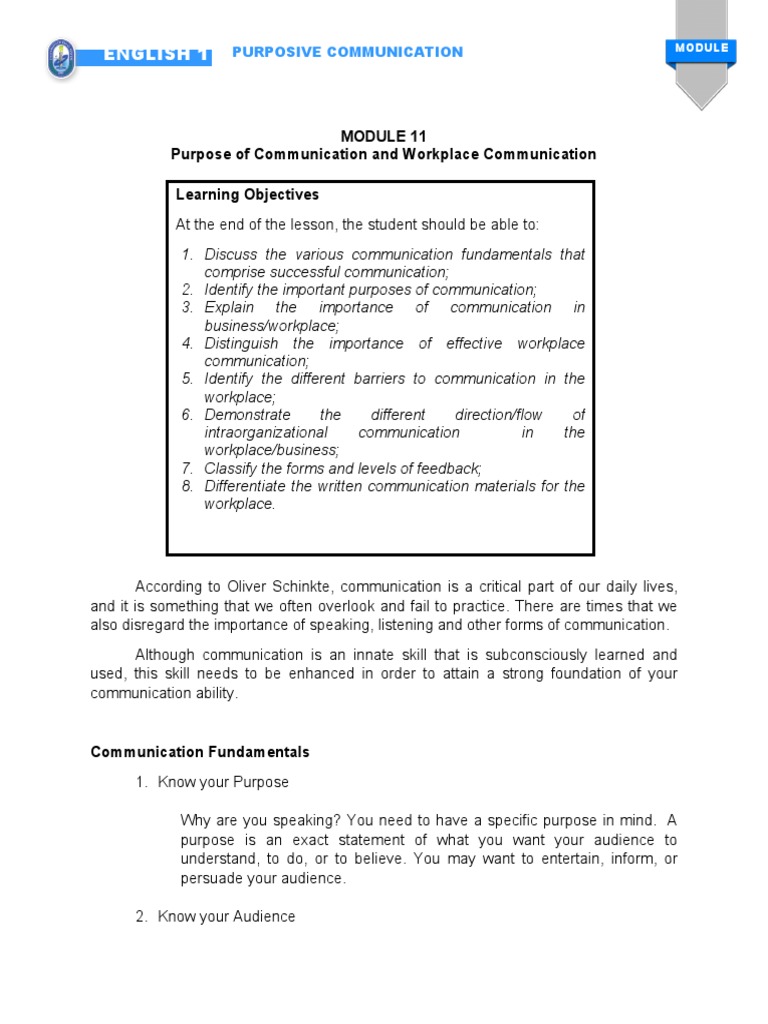 English 1: Purpose of Communication and Workplace Communication ...