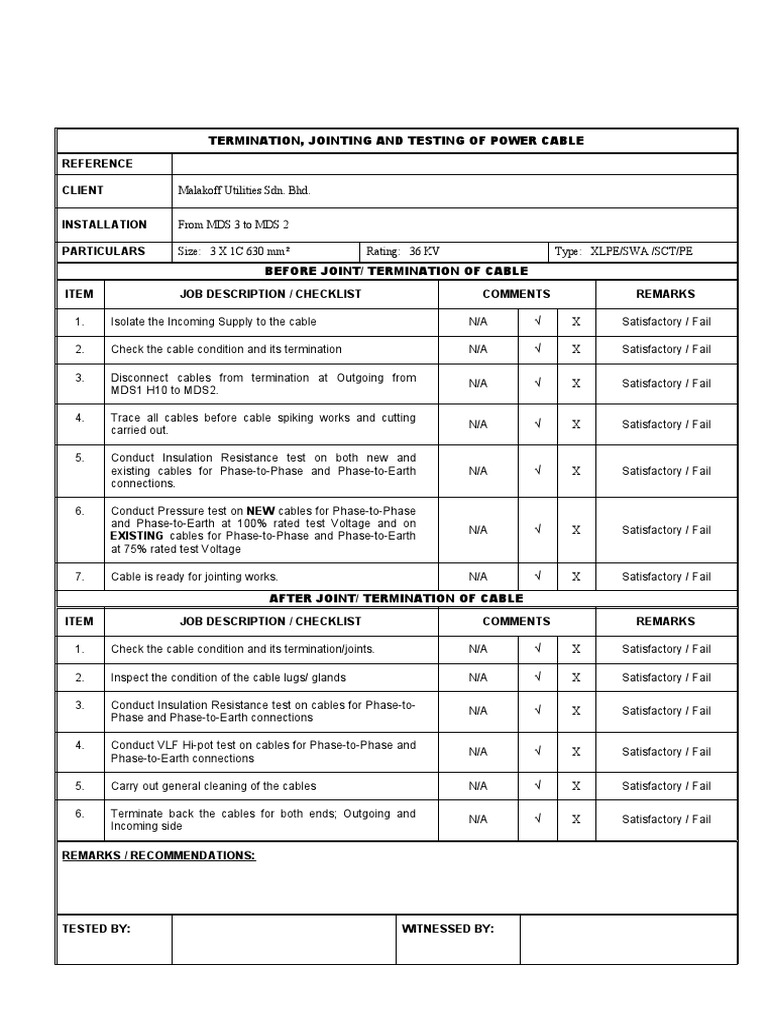CHECKLIST - Check and Test Cable | PDF | Electromagnetism | Electric Power