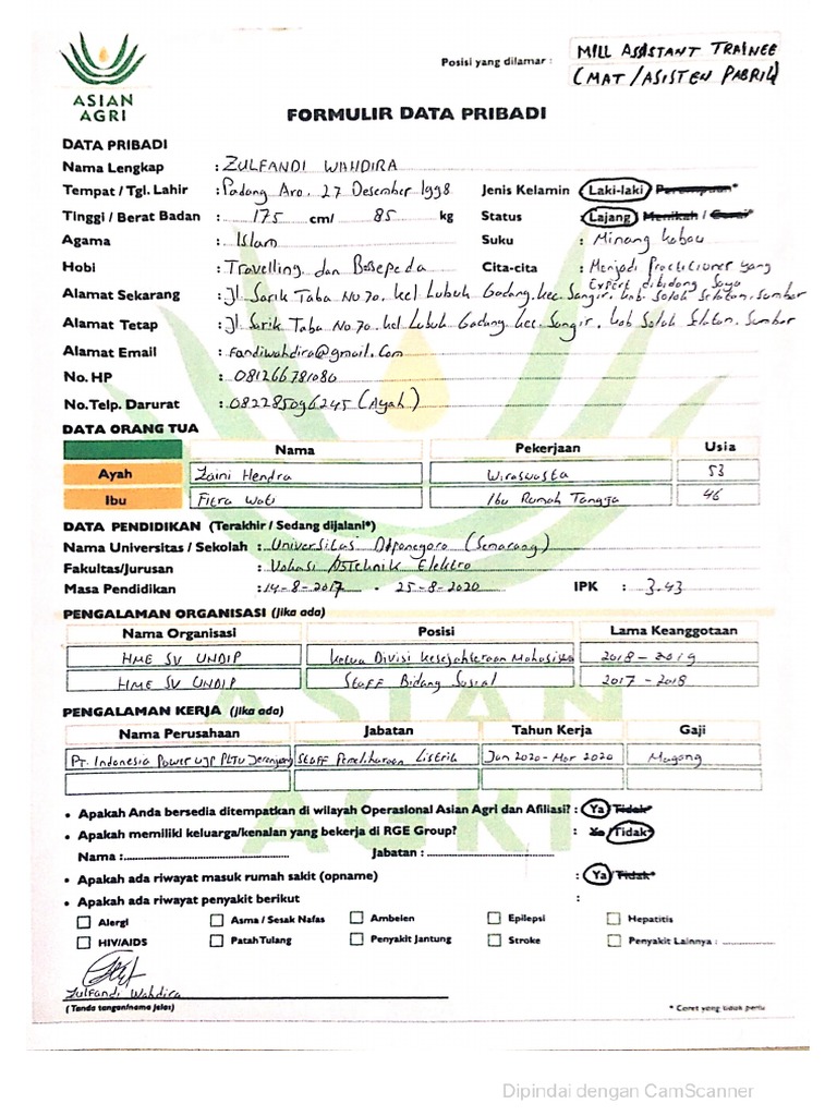 Formulir Data Diri Asian Agri - Zulfandi Wahdira | PDF