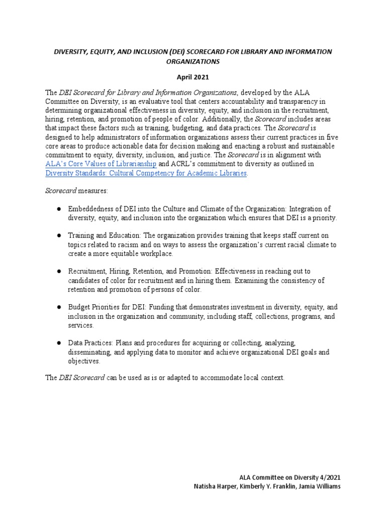 DEI Scorecard for Libraries | PDF | Recruitment | Inclusion (Education)