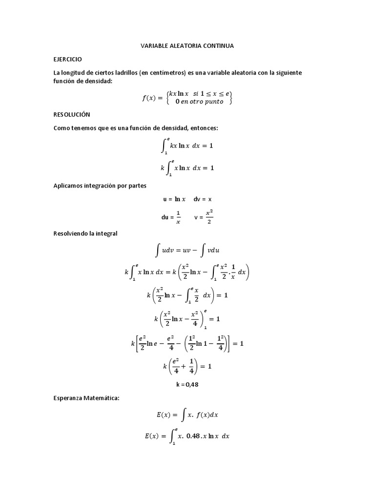 Ejercicio de Variable Aleatoria Continua | PDF | Integral | Análisis