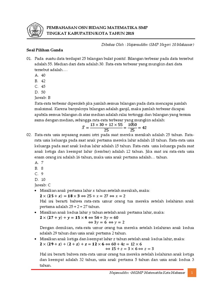 Pembahasan OSK Matematika SMP 2018 | PDF