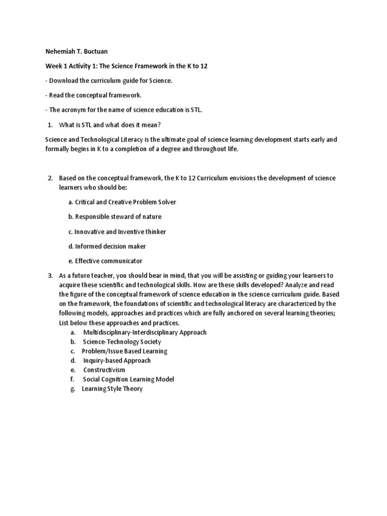 Week 1 Activity 1 On The Science Framework In The K To 12 Pdf Career And Growth Art