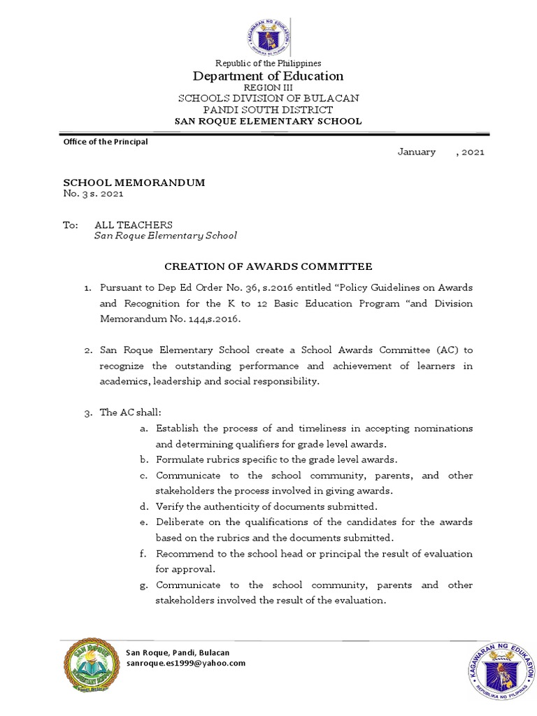 School-Memo-Creation On Awards Committee | PDF