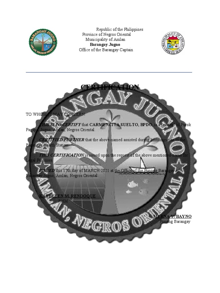 Certification: Barangay Jugno | PDF