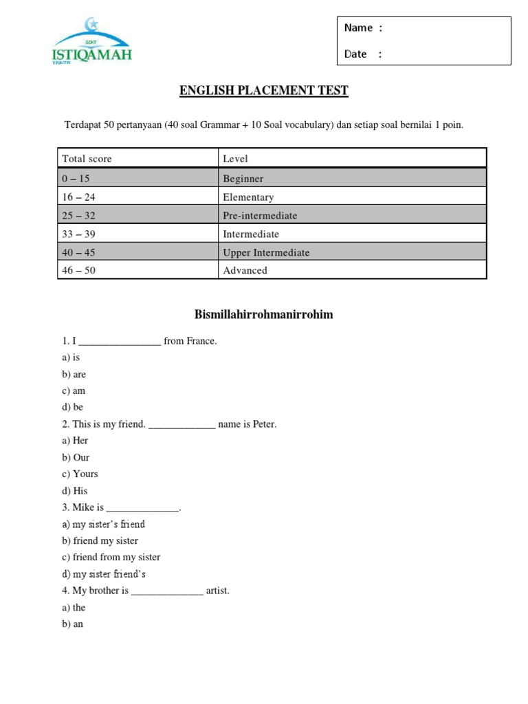 English Placement Test | PDF