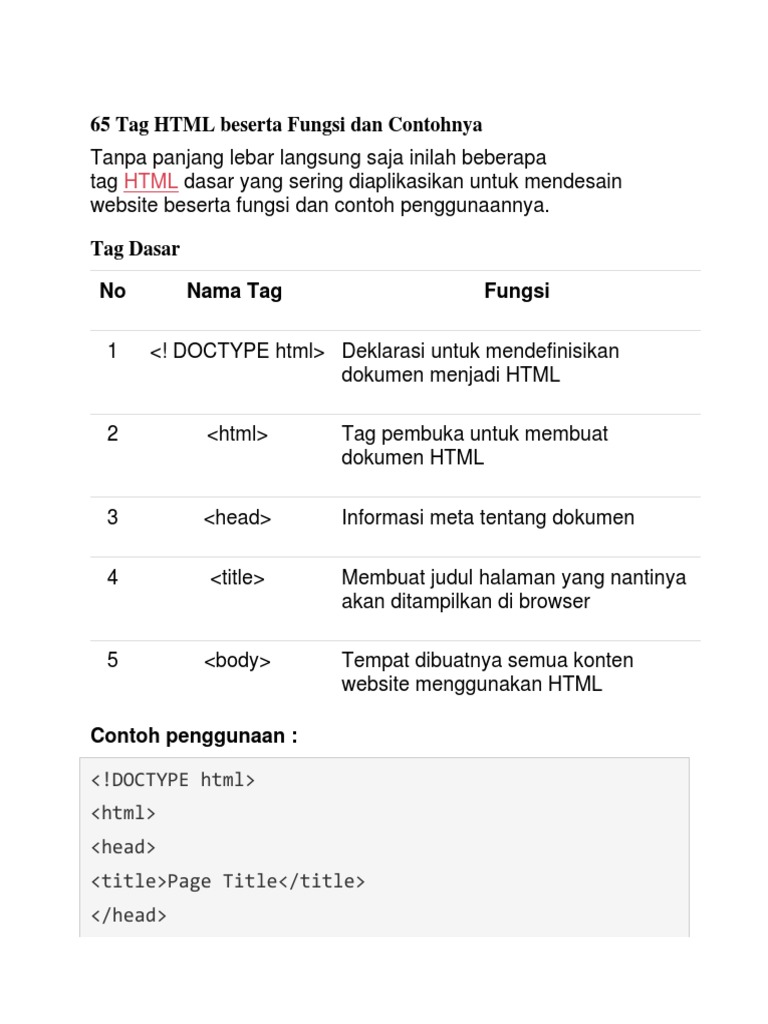 65 Tag HTML Beserta Fungsi Dan Contohnya | PDF