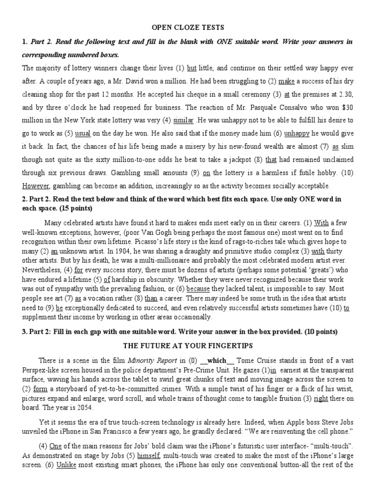 OPEN CLOZE TESTS Cho Hoc Sinh | PDF | I Phone | Adolescence
