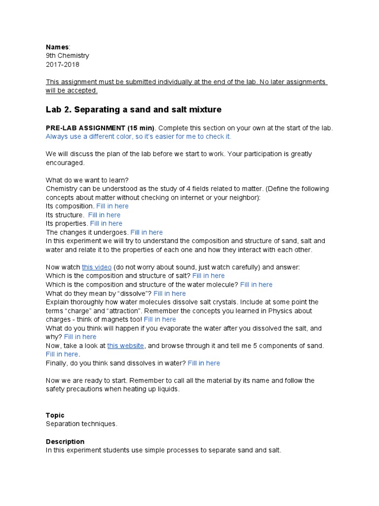 Lab 2 - Separating A Sand and Salt Mixture | PDF | Filtration | Mixture
