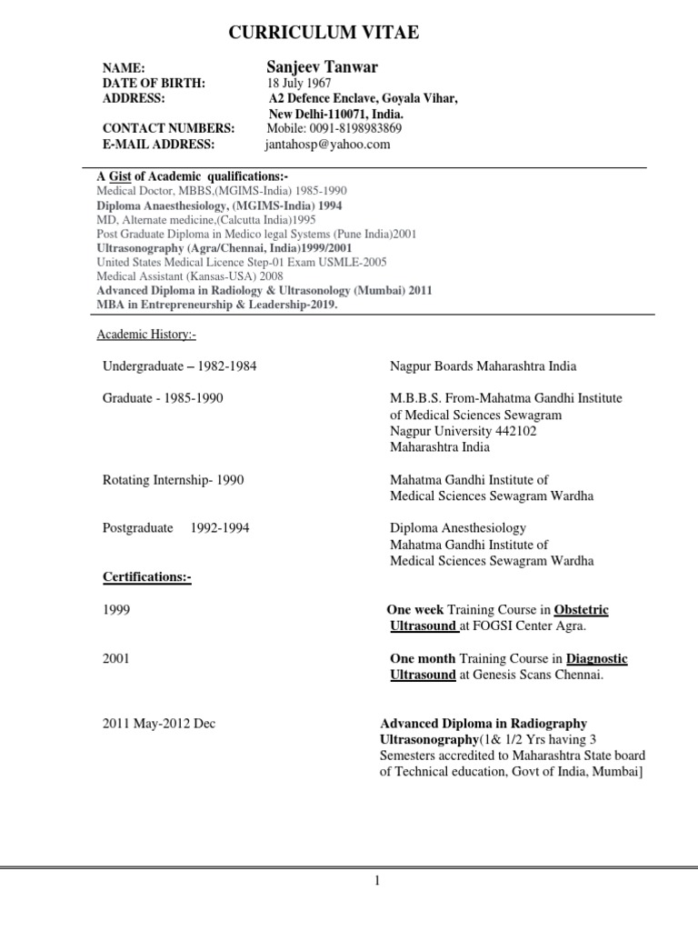 Curriculum Vitae: Sanjeev Tanwar | PDF | Doctor Of Medicine | Health Care