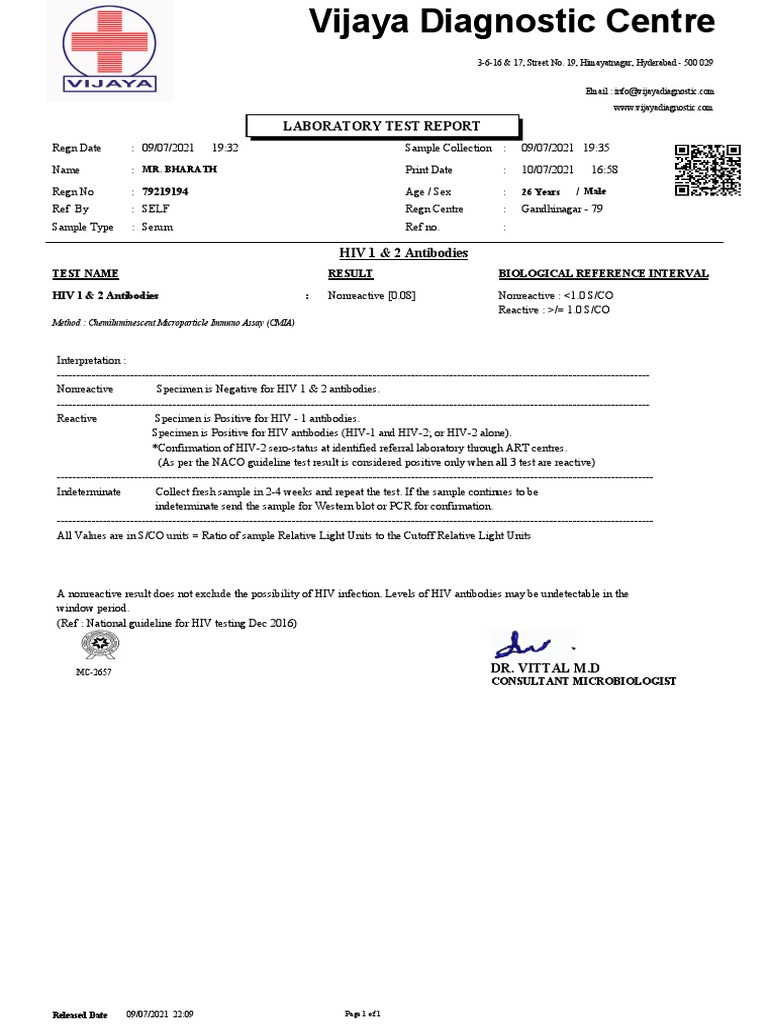 Vijaya Diagnostic Centre Laboratory Test Report: Mr. Bharath's HIV 1 ...