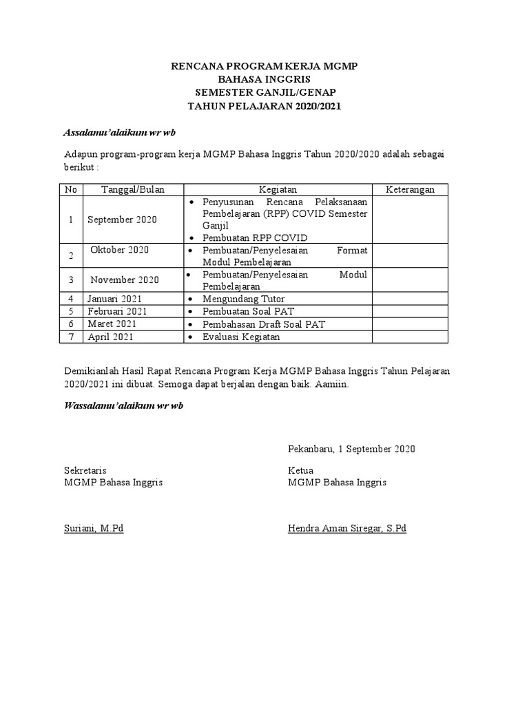 Program Kerja MGMP Bing 20202021 | PDF
