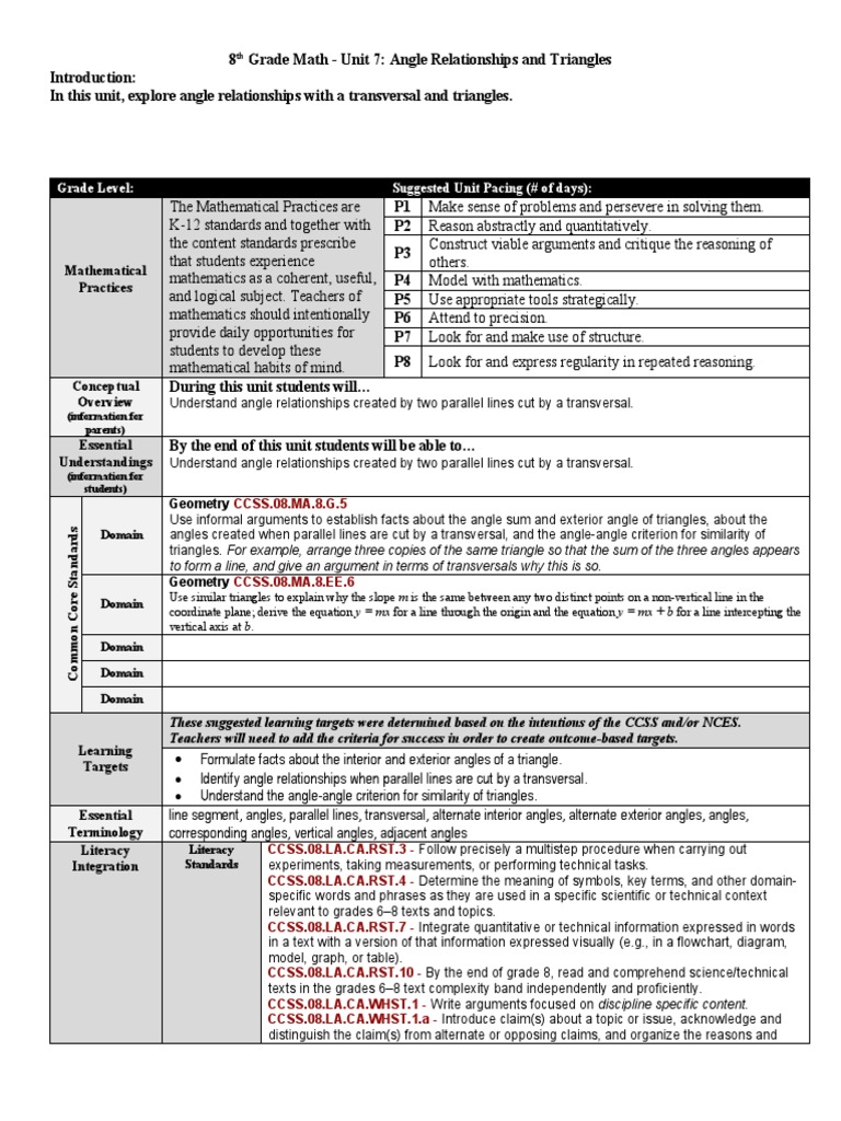 Grade Level: Suggested Unit Pacing (# of Days) :: Mathematical ...