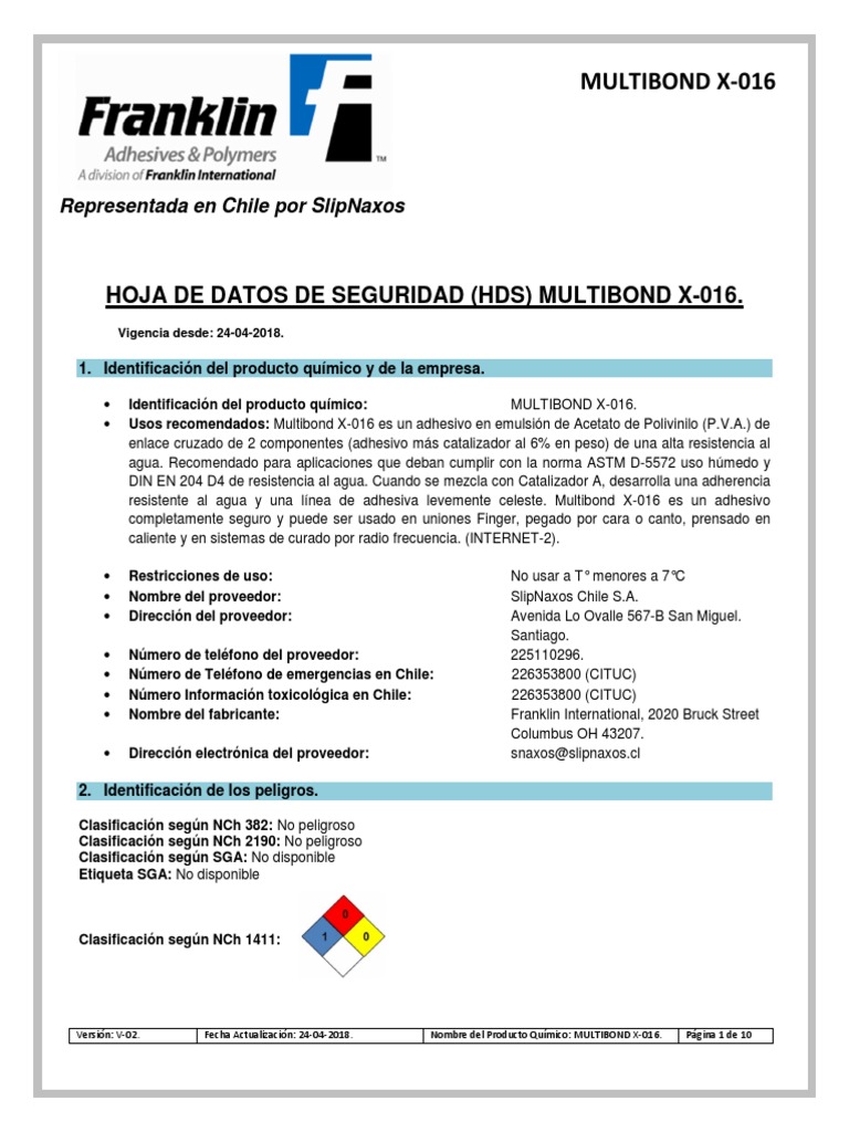 Adhesivo Multibond X-016: Seguridad y Uso | PDF | Agua | Residuos
