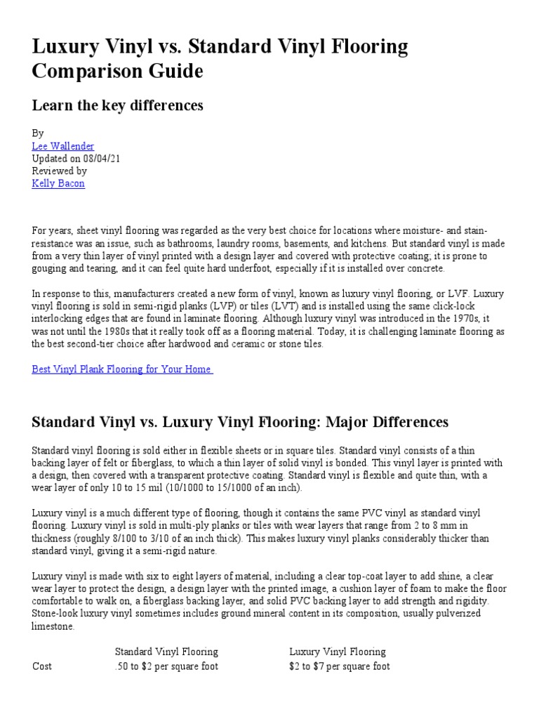 Luxury Vinyl vs. Standard Vinyl Flooring Comparison Guide | PDF ...