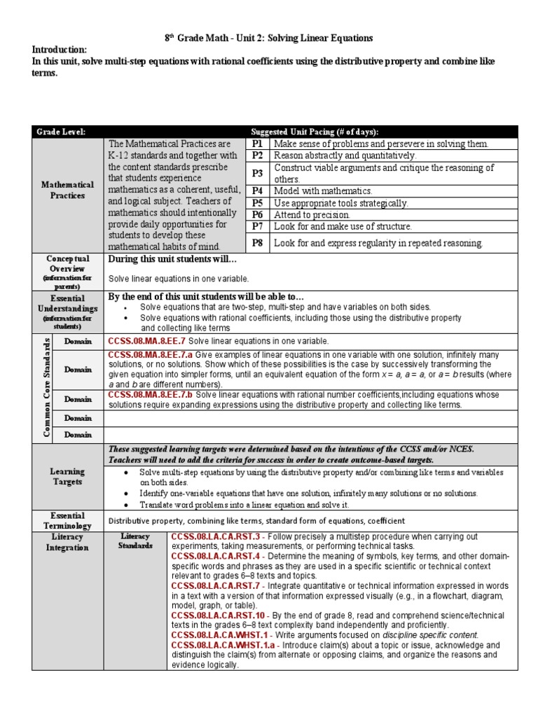 Grade Level: Suggested Unit Pacing (# of Days) :: Mathematical ...