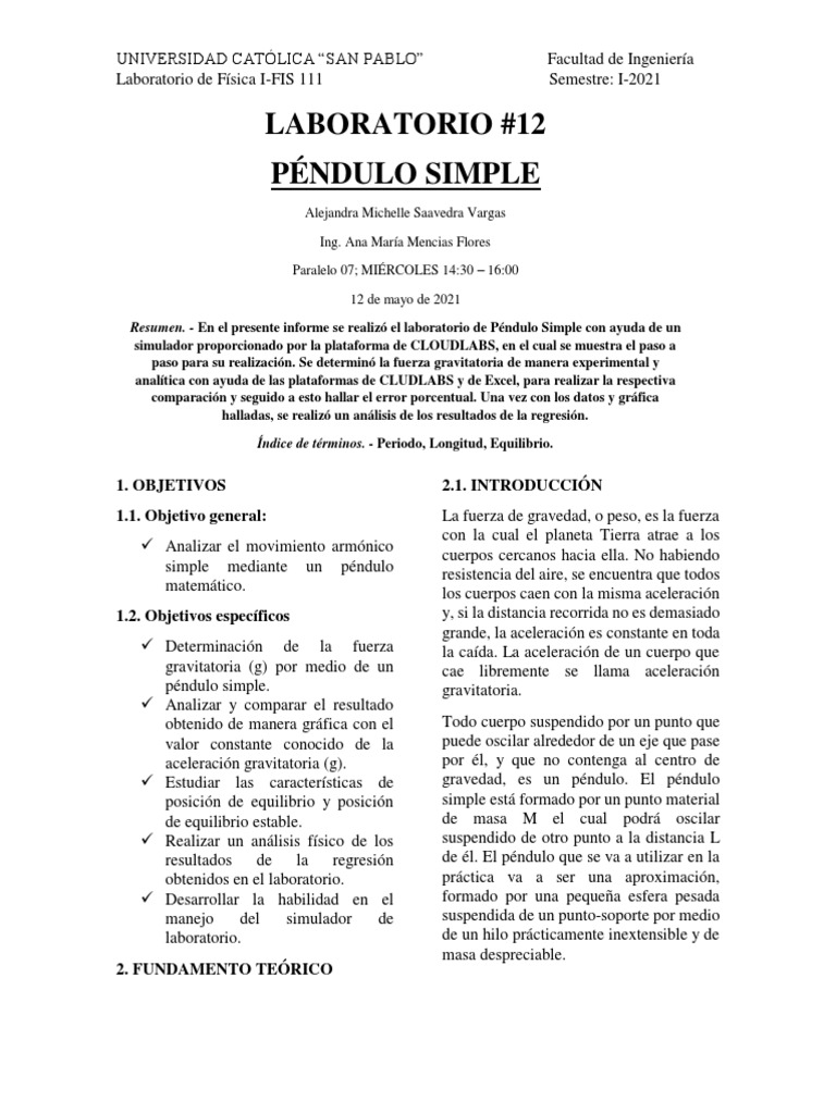 Lab 12 Péndulos Simples Informe - Alejandra Saavedra | PDF | Péndulo | Oscilación