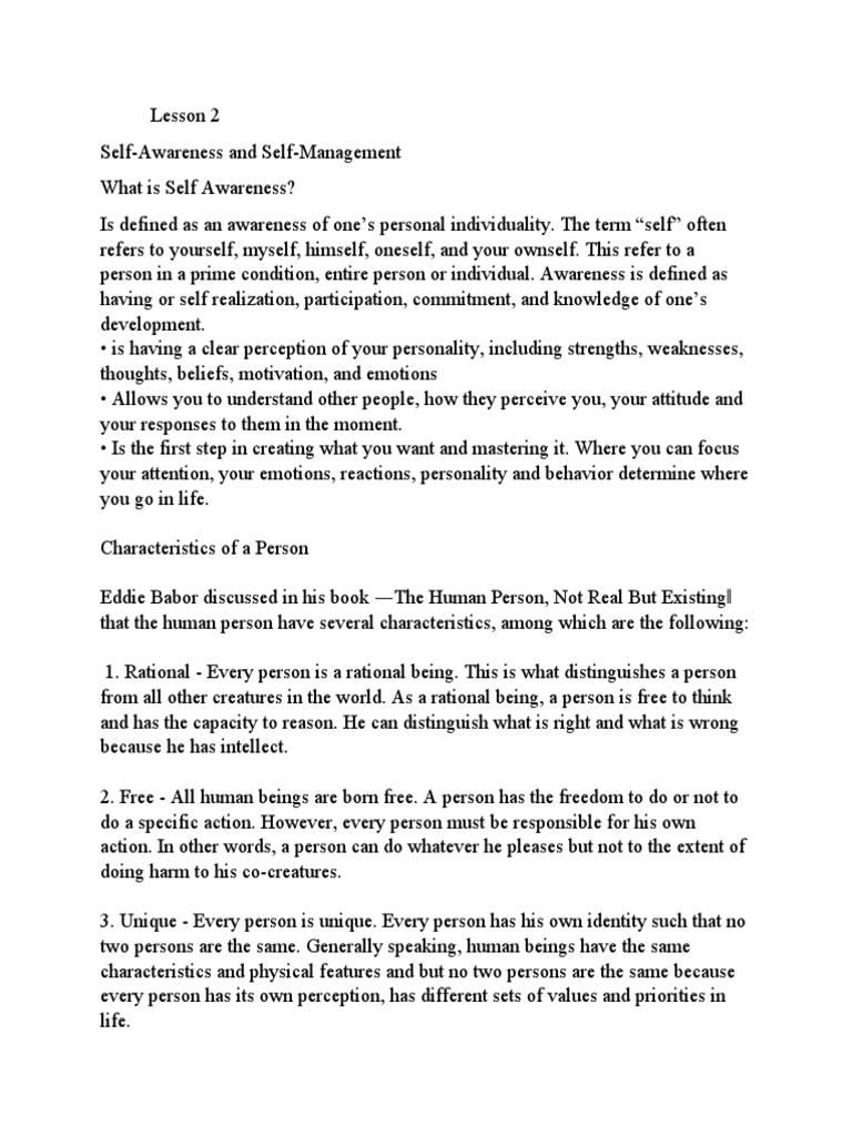 Unit 2 Self Awareness and Self Management | PDF | Self Awareness ...