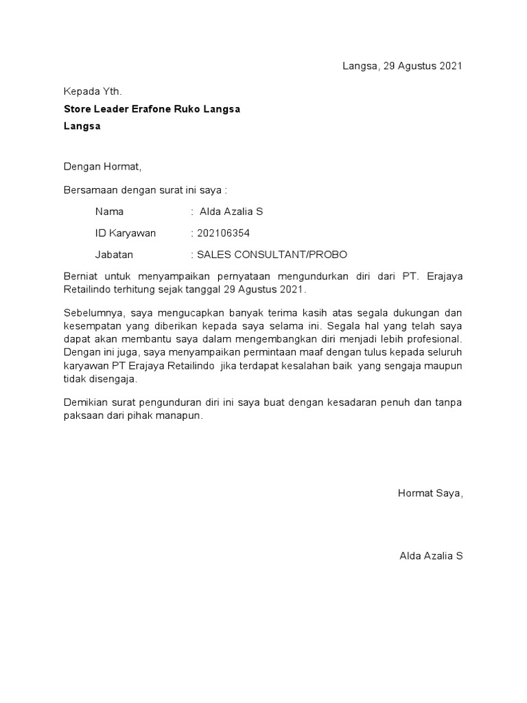 Contoh Surat Pengunduran Diri Kerja Atau Resign | PDF