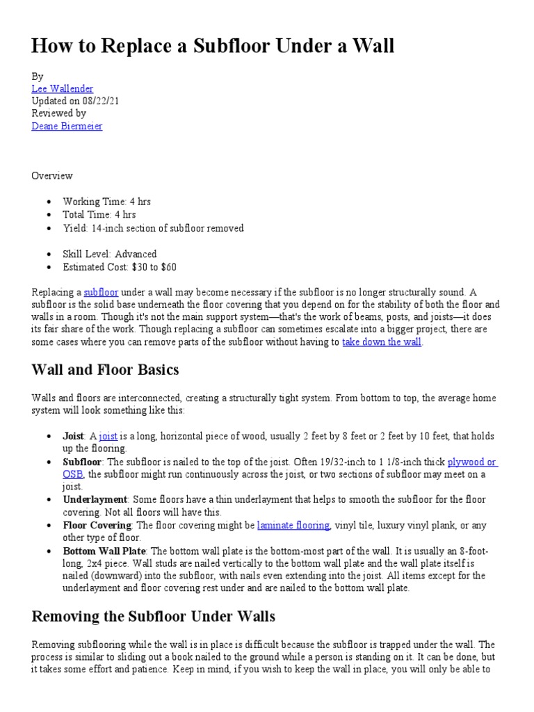 Replace Subfloor Under Wall Guide | PDF | Flooring | Structural Engineering